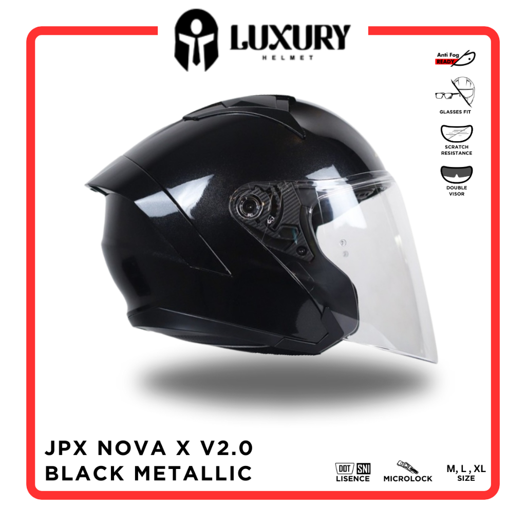 Jual Helm JPX Nova X V2.0 Solid Black Metallic Half Face Double Visor | Shopee Indonesia