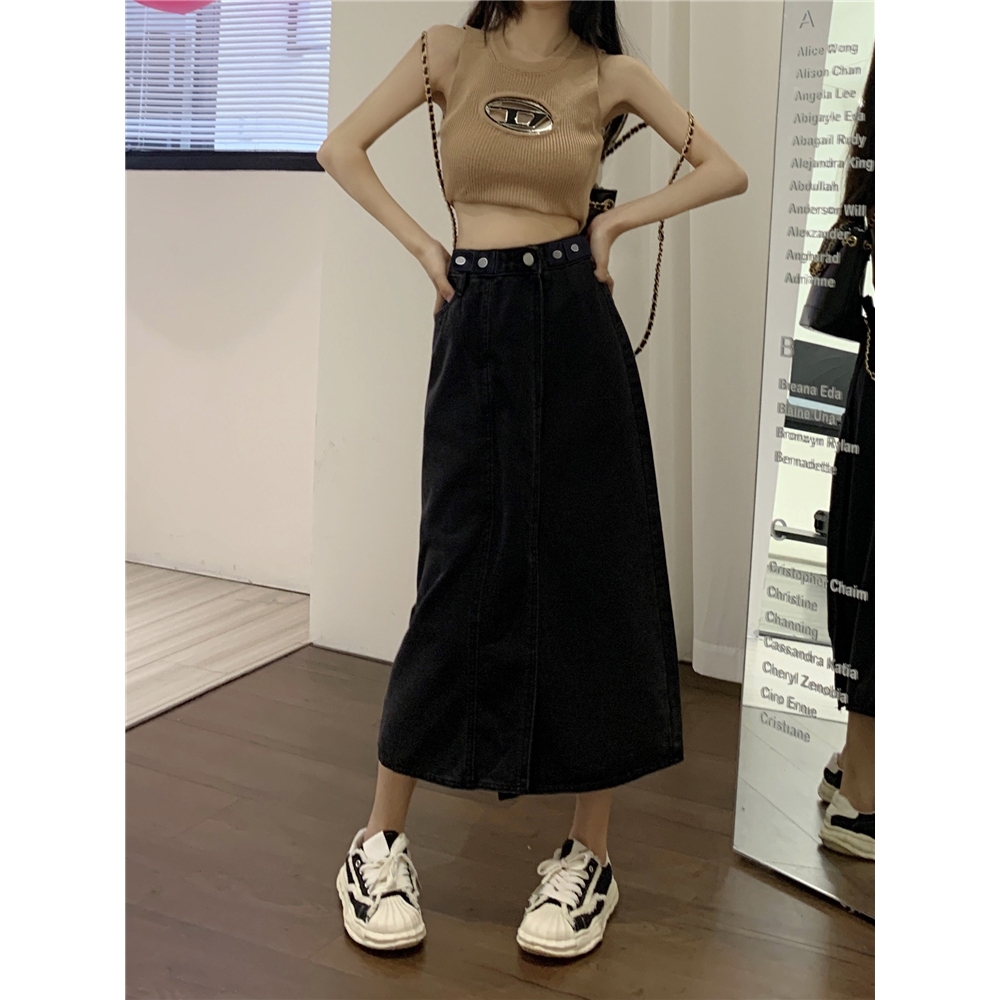 Jual rok denim highwaist vintage panjang/polos kancing a-line skirt ...