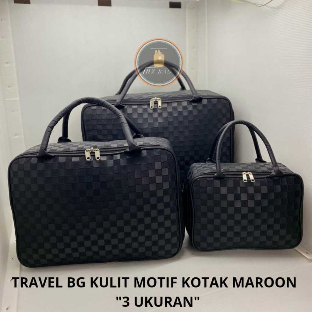 Jual Travel Bag Kulit Waterproof Motif Kotak Warna Hitam / Tas Travel ...