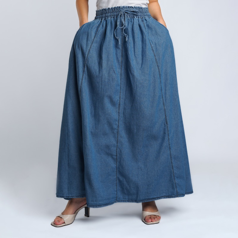 Jual Rok Jeans Muslimah Pinggang Karet Fit XXL Bigsize Maxi Denim Skirt ...