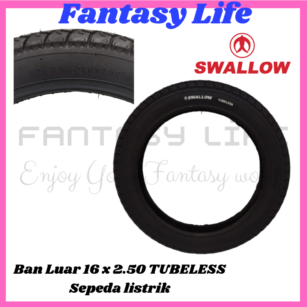 Jual Fantasy Ban Luar Sepeda Listrik Tubless tanpa ban dalam Ukuran 16 x 2.50 Swallow Deli Tire ...