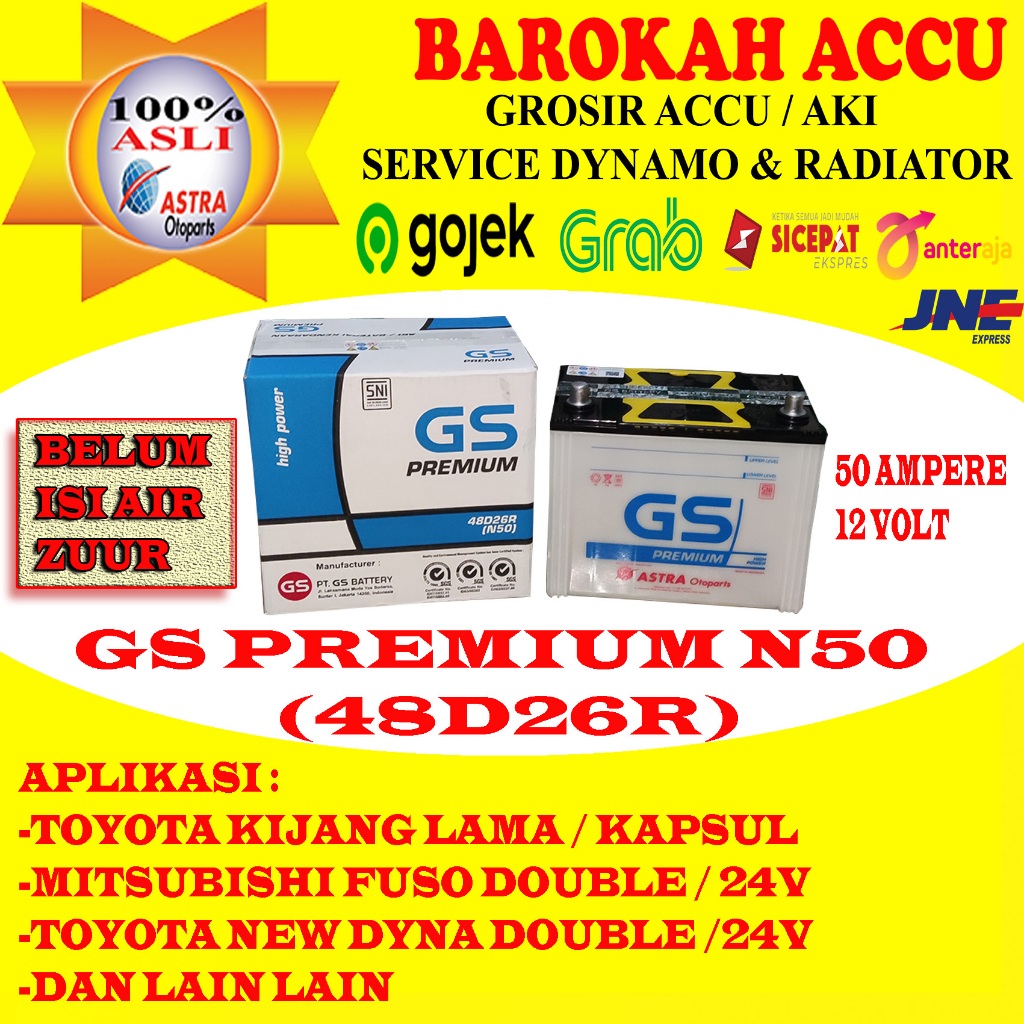 Jual AKI GS PREMIUM N50 / 48D26R , 50 AH ASTRA OTOPARTS | Shopee Indonesia