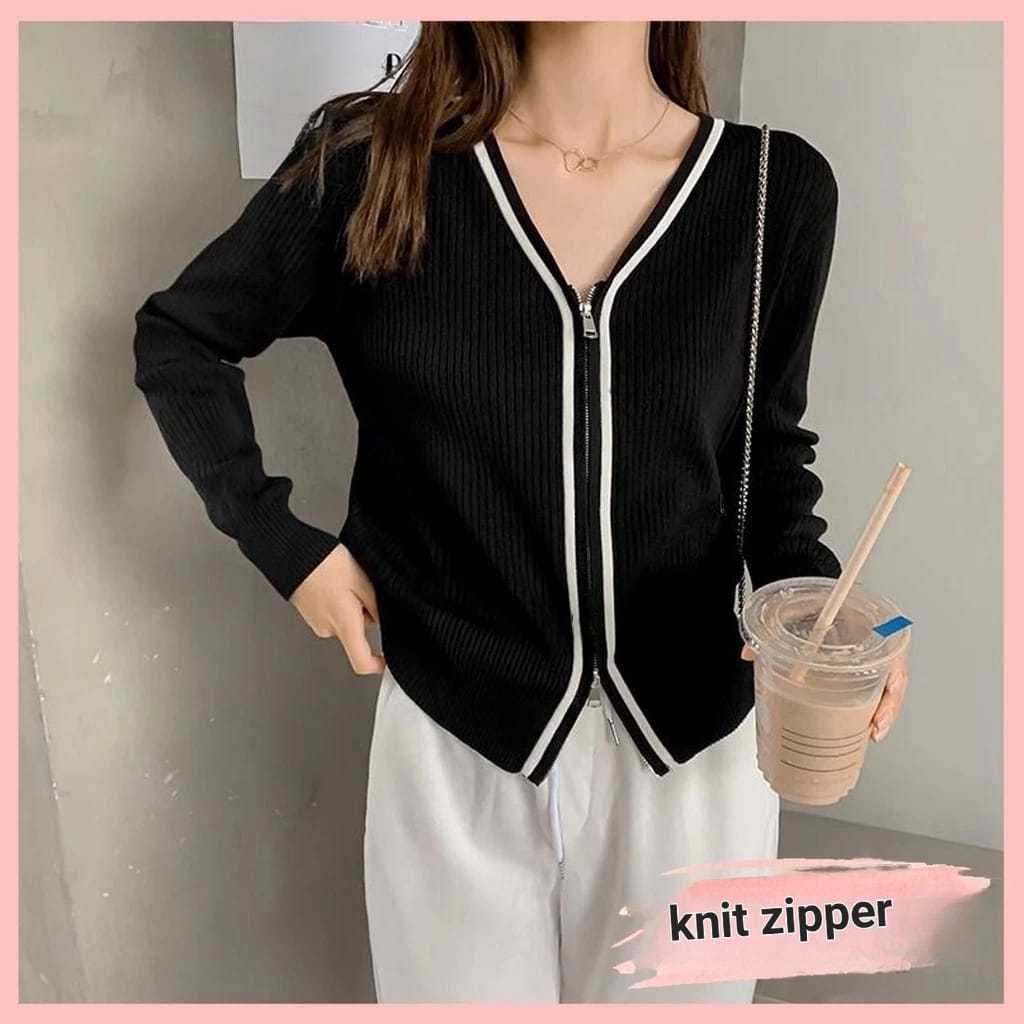 Jual Atasan Wanita Knit Zip Korean Outer Blouse Long Sleeves Atasan ...