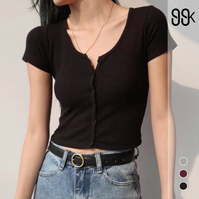 Jual Basic Round Neck Short Sleeve Button Rib Crop Top 1558 (S-XL ...