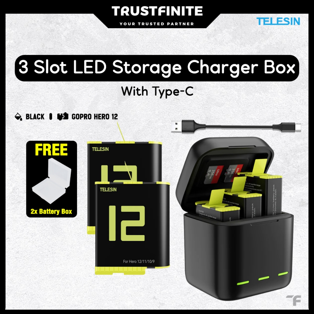 Jual TELESIN 3 Slot Charger Box 3in1 LED Storage with Batteries for GoPro Hero 12 / Hero 11 ...