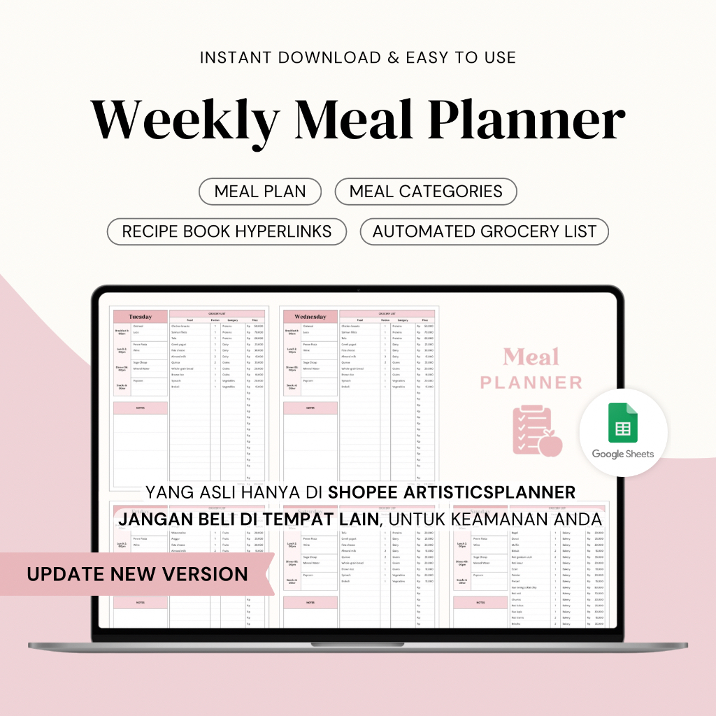 Jual Weekly Meal Planner Gorcery List Digital Meal Planner