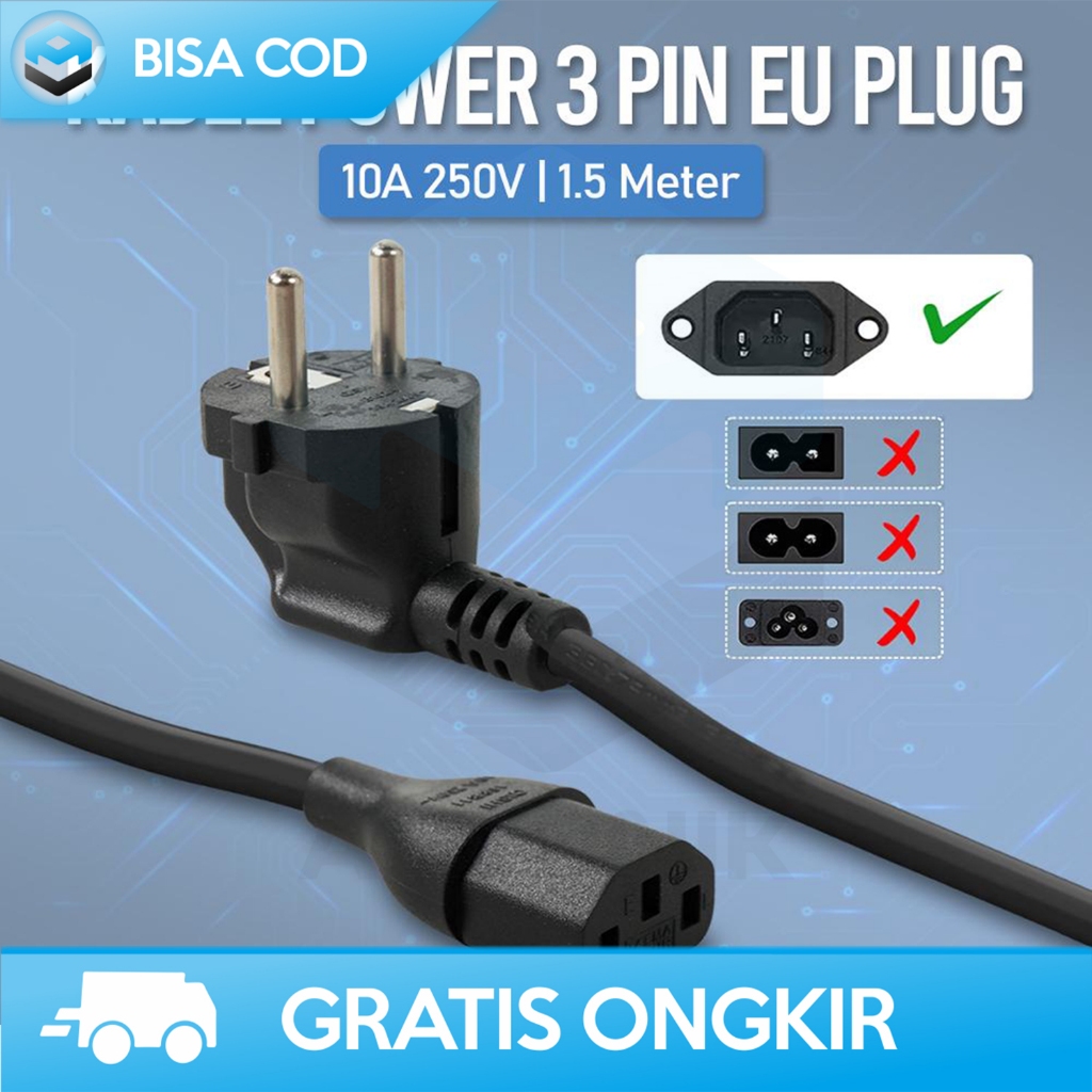 Jual KABEL POWER COLOKAN AC KE MONITOR DAN CPU MODEL 3 PIN EU PLUG 150 ...