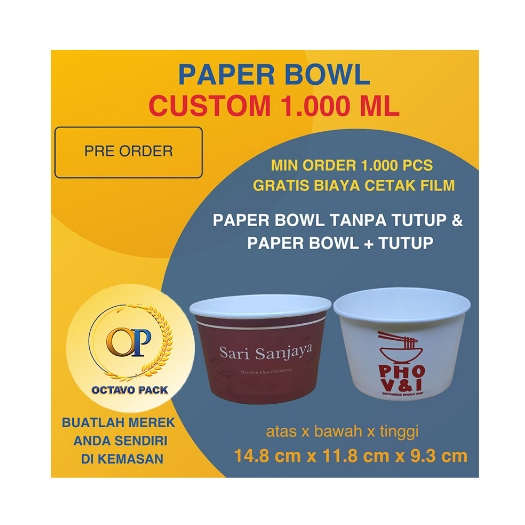 Jual Paper Bowl Sablon Warna 1000ml (33 oz) / Paper Bowl Printing Warna ...