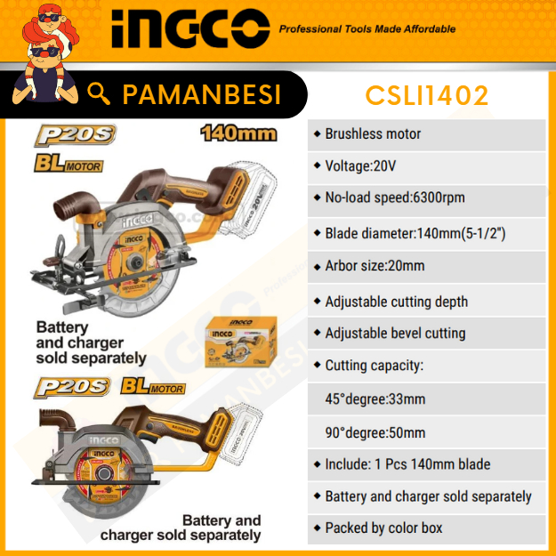 Jual Cordless Mini Circular 5 1/2” Inch Brushless INGCO CSLI1402 Saw ...