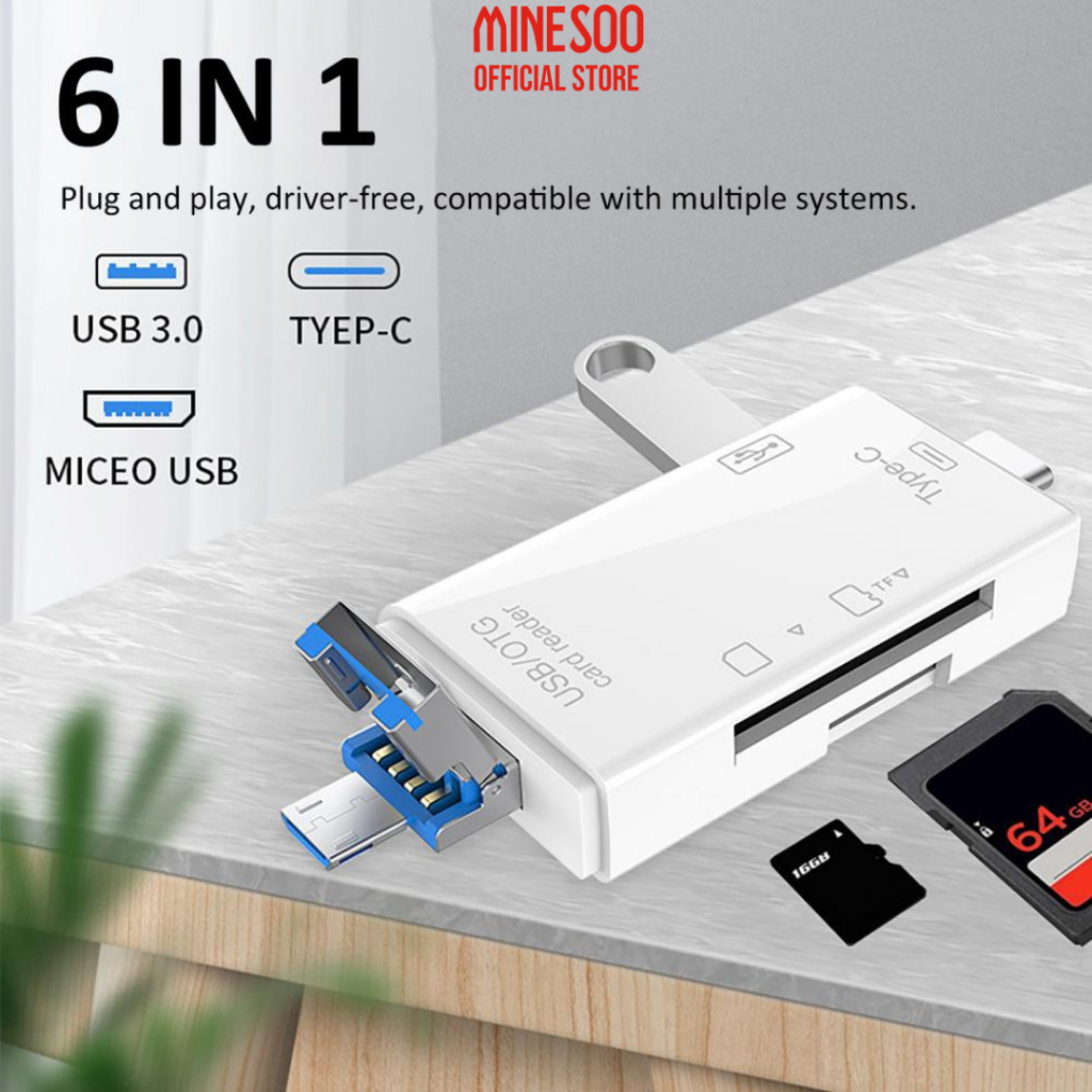 Jual Minesoo OTG 6 in 1 Micro USB Type C Card Reader SD Card TF Memory ...
