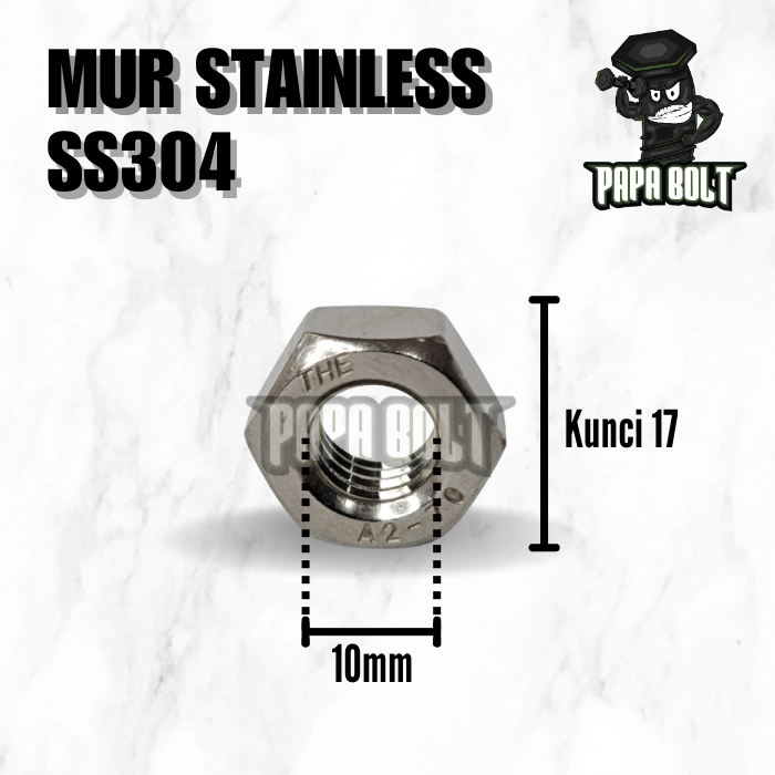 Jual Mur Hexagon M10 / 10mm Stainless 304 Kunci 17 P1.50 / Nut Silver ...