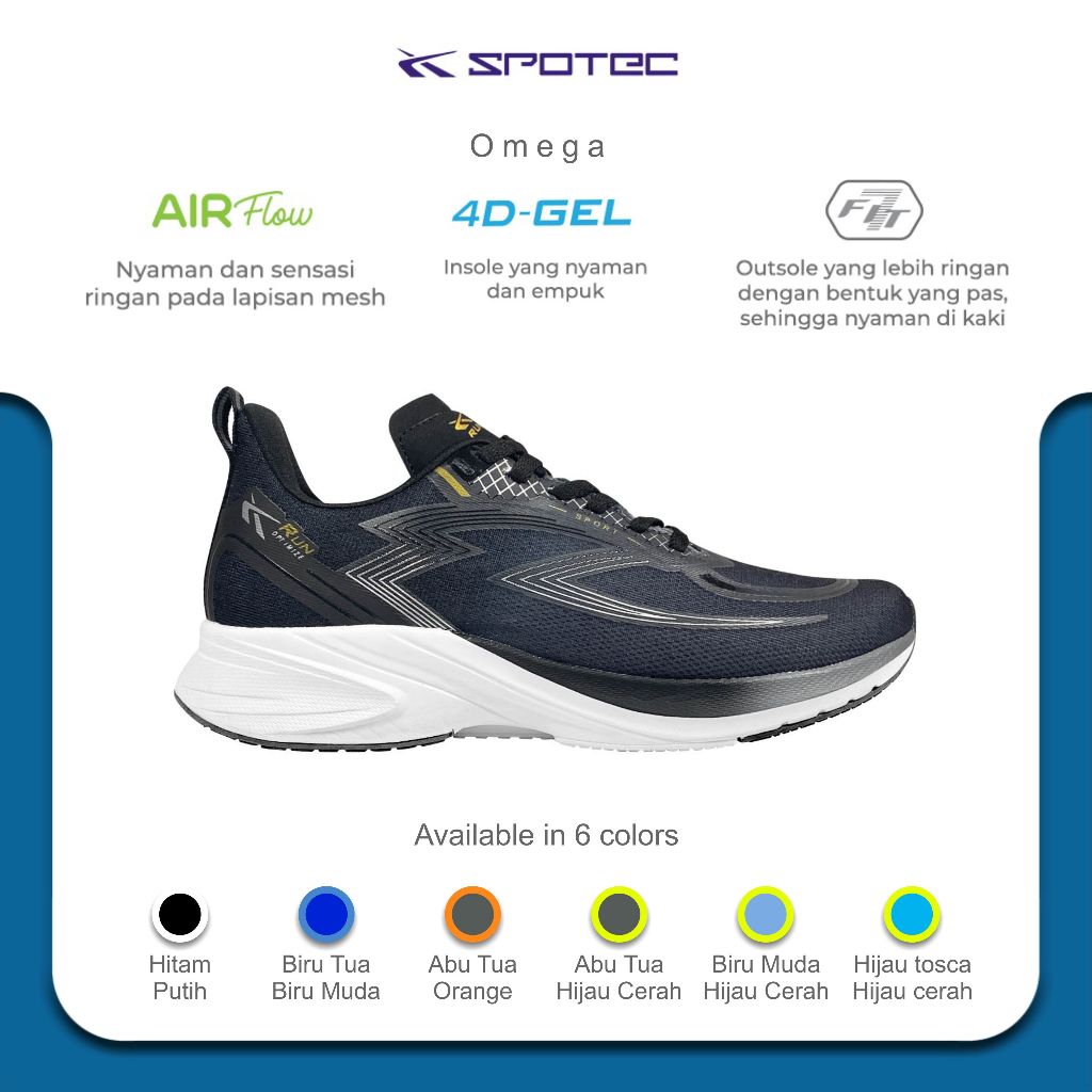 Jual SPOTEC Sepatu RUNNING Artikel OMEGA-Hitam/Putih | Shopee Indonesia