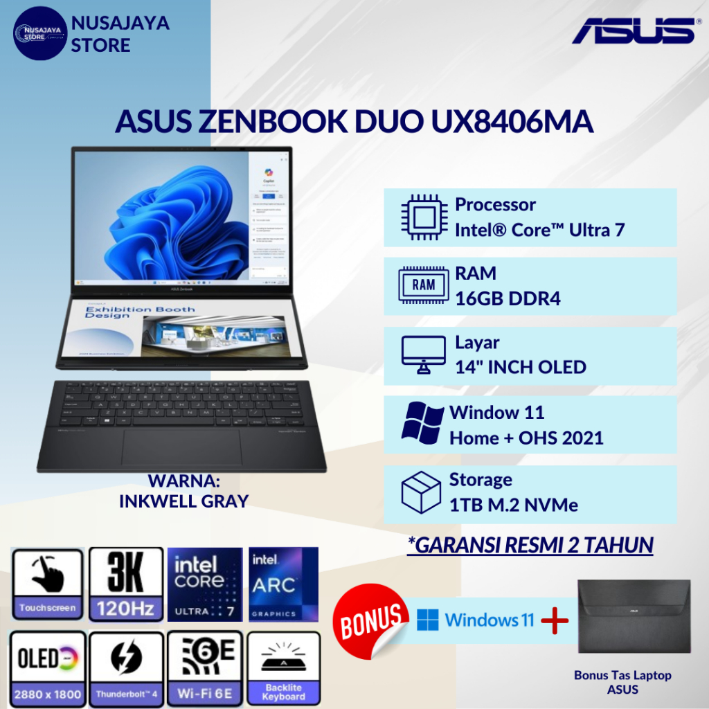 Jual ASUS Zenbook DUO UX8406MA Ultra 7 155H 16GB 1TB 14" 3K OLED W11 ...