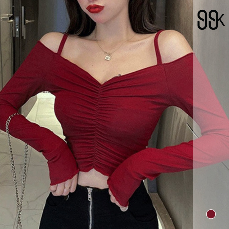 Jual Long Sleeve Crop Top Shirt Without Shoulder Wrinkles 1738 (S/M/L ...