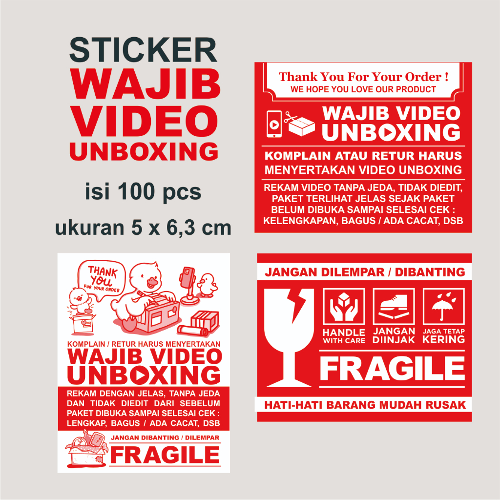 Jual STICKER WAJIB VIDEO UNBOXING FRAGILE - RED (100 pcs) UK. 5 x 6,3 ...
