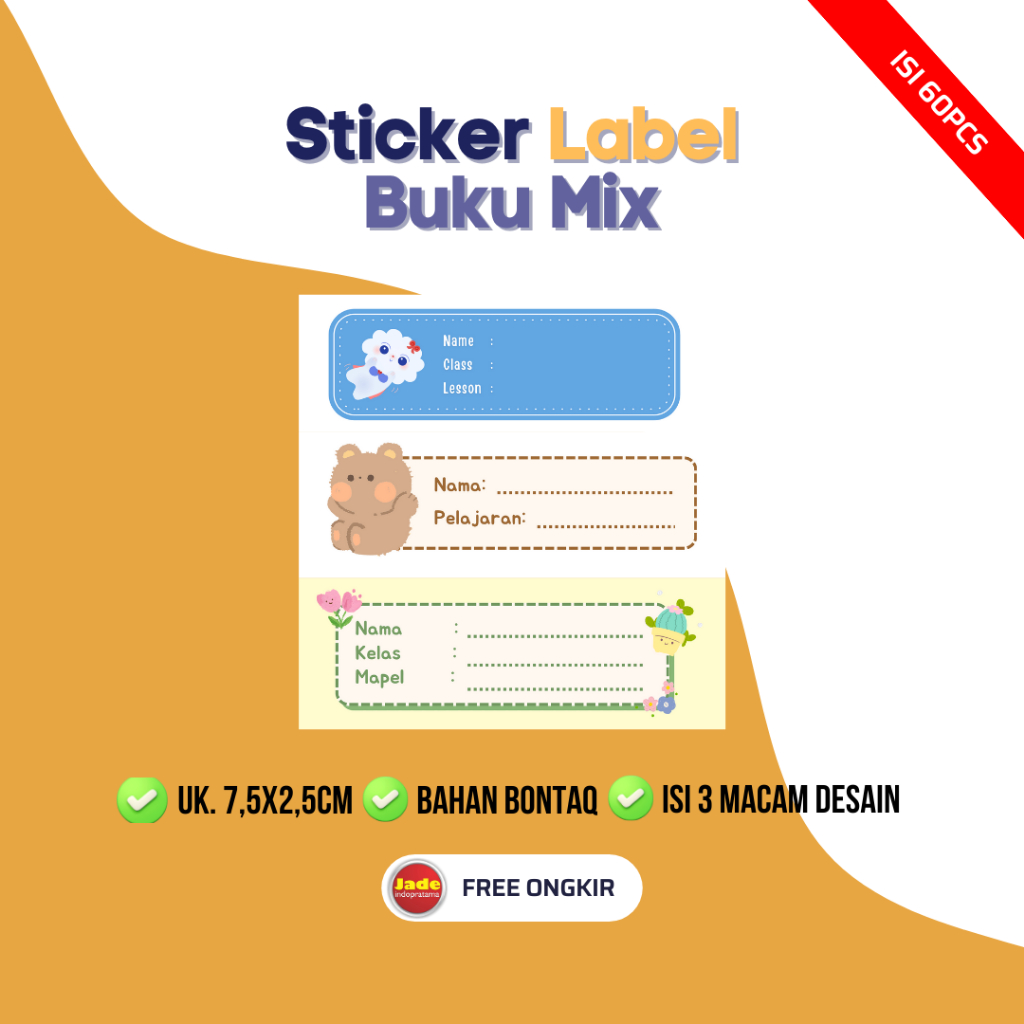 Jual [Isi 60pcs] Sticker Label Buku Sekolah 7,5x2,5cm Sticker Buku ...