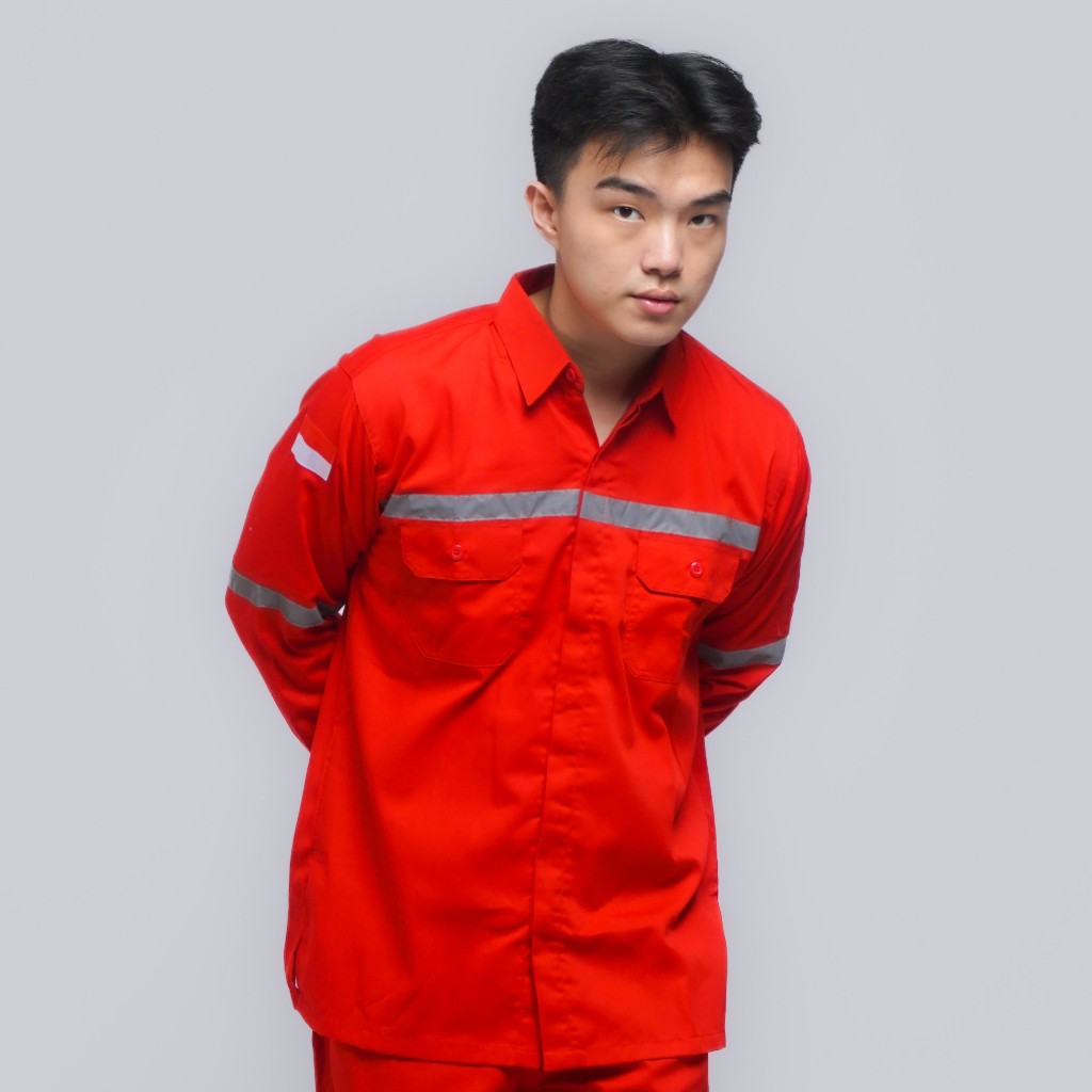 Jual Baju Seragam Proyek Merah Bengkel Teknisi Mekanik Kemeja safety ...