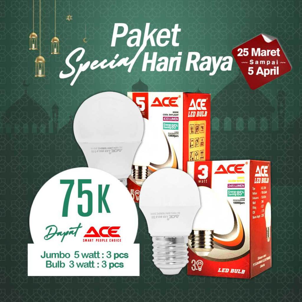 Jual Paket Hari Raya 6 Pcs Lampu LED ACE Jumbo 5 Watt & Bulb 3 Watt ...