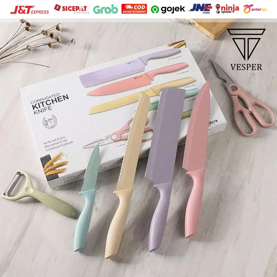 Jual knife set 6in1 wheat straw plus nampan / pisau dapur set gunting ...