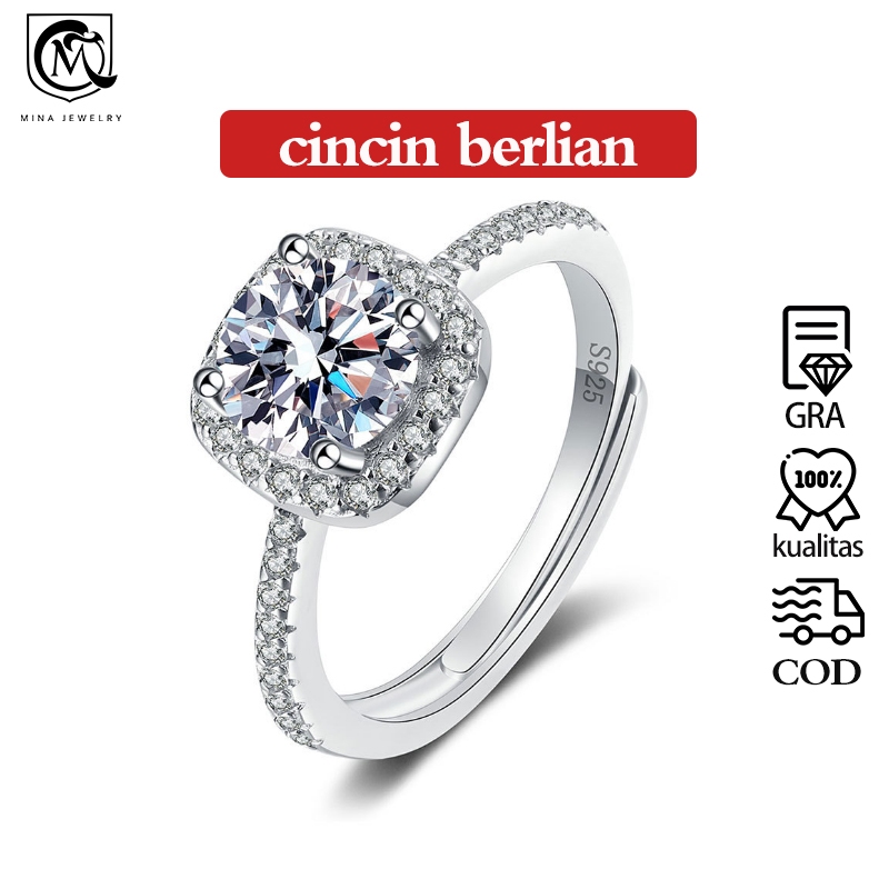 Jual cincin perak wanita Moissanite adjustable cincin perak asli 925 ...
