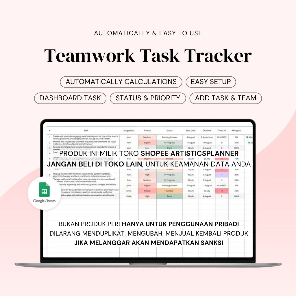 Jual Teamwork Task Tracker Spreadsheet | Digital To Do List For Teams ...