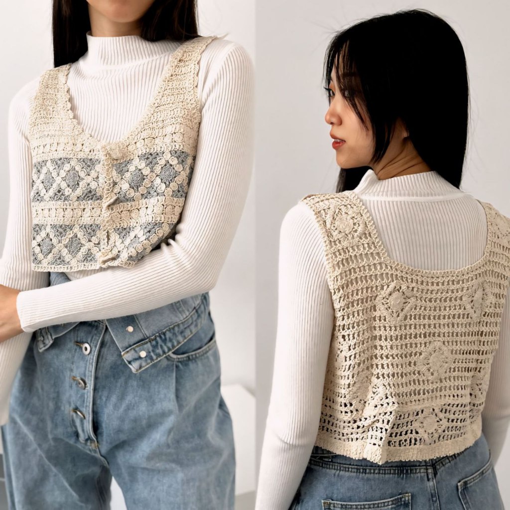 Jual Gloryshop88 Vest Rajut Vintage Crop Vest Rompi Rajut Wanita Korean ...