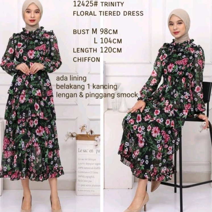 Jual 12425 Baju Mididress FLORAL TIERED MIDI DRESS lengan panjang ...
