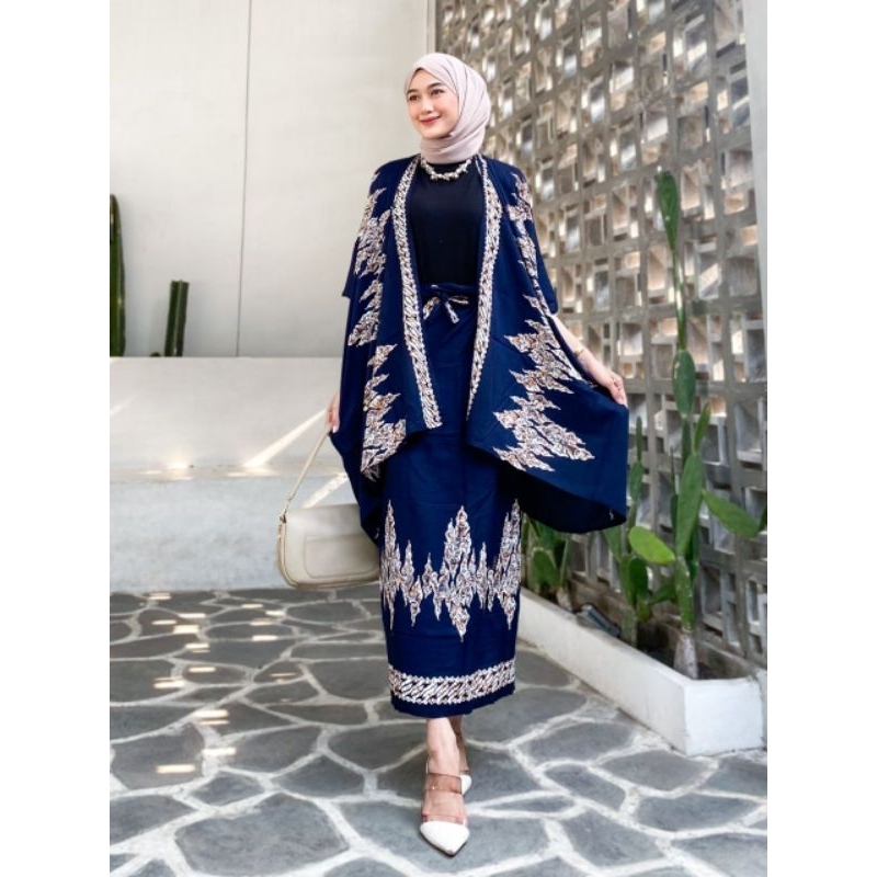 Jual Outfit Kondangan Simpel One Set Batik Outer Rok Lilit Kimono ...