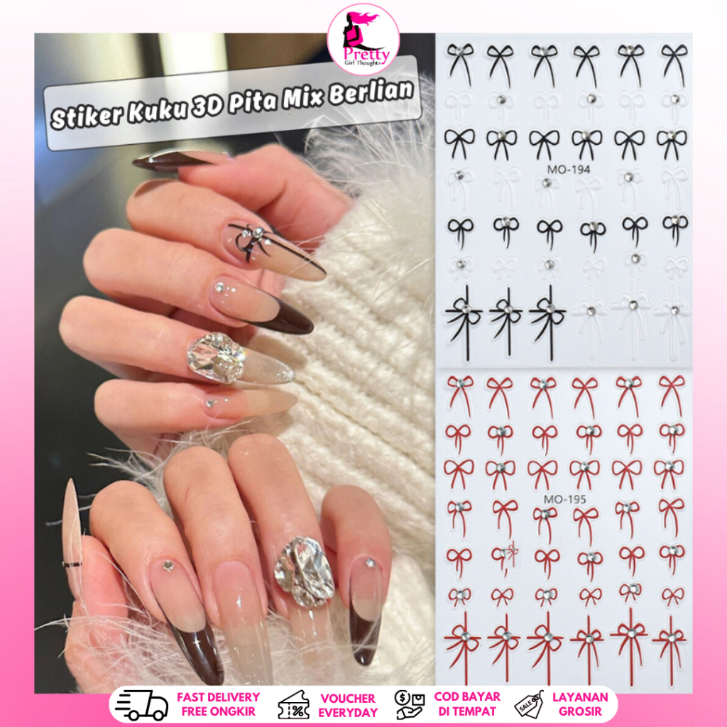 Jual Pretty Stiker Kuku 3D Motif Pita Emboss Mix Berlian Imitasi ...