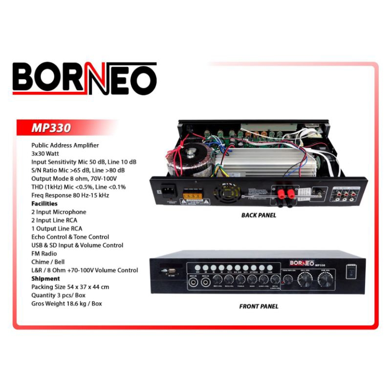 Jual power amplifier Public Address amplifier 3x30 watt BORNEO MP330 ...