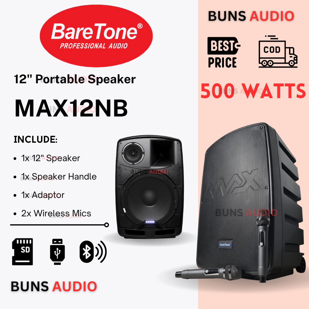 Jual BareTone Speaker Portable MAX12NB -- 12 Inch 500 Watts dengan 2 ...