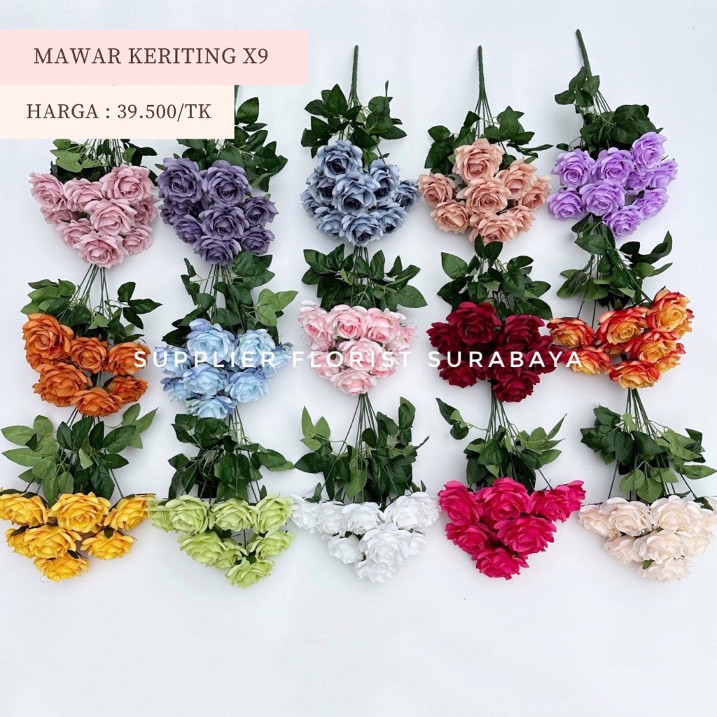 Jual [MAWAR KERITING X9] BUNGA PALSU MAWAR 9 KEPALA ARTIFICIAL FLOWER ...