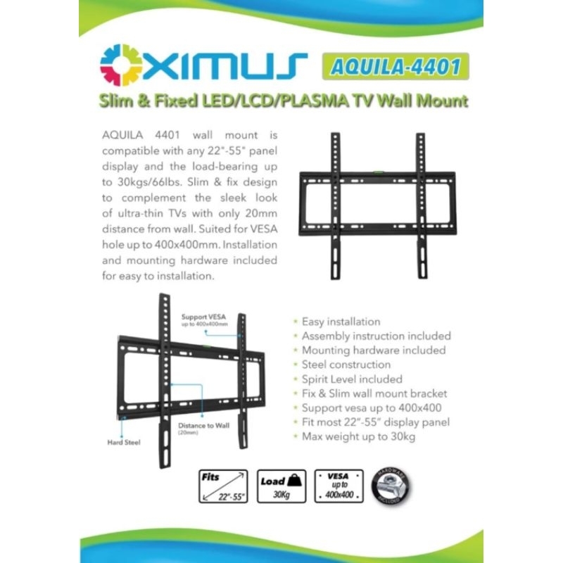 Jual OXIMUS BRACKET SLIM FIXED LED/LCD TV MONITOR WALL MOUNT AQUILA ...