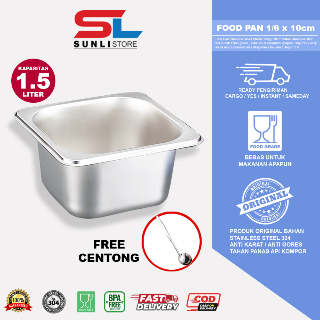 Jual SUNLI - Food pan wadah stainless 1/6 x 10cm / food pan stainless ...