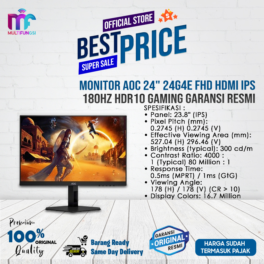 Jual Monitor AOC 24" 24G4E FHD HDMI IPS 180Hz HDR10 Gaming Garansi ...