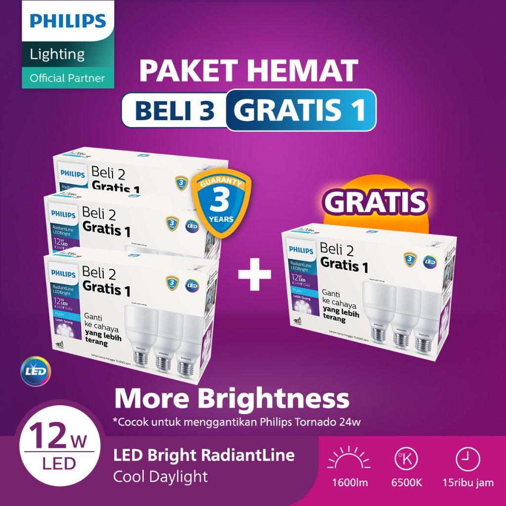Jual Beli 3 Gratis 1 Philips Lampu Multipack Radiantline LEDBright 12W ...
