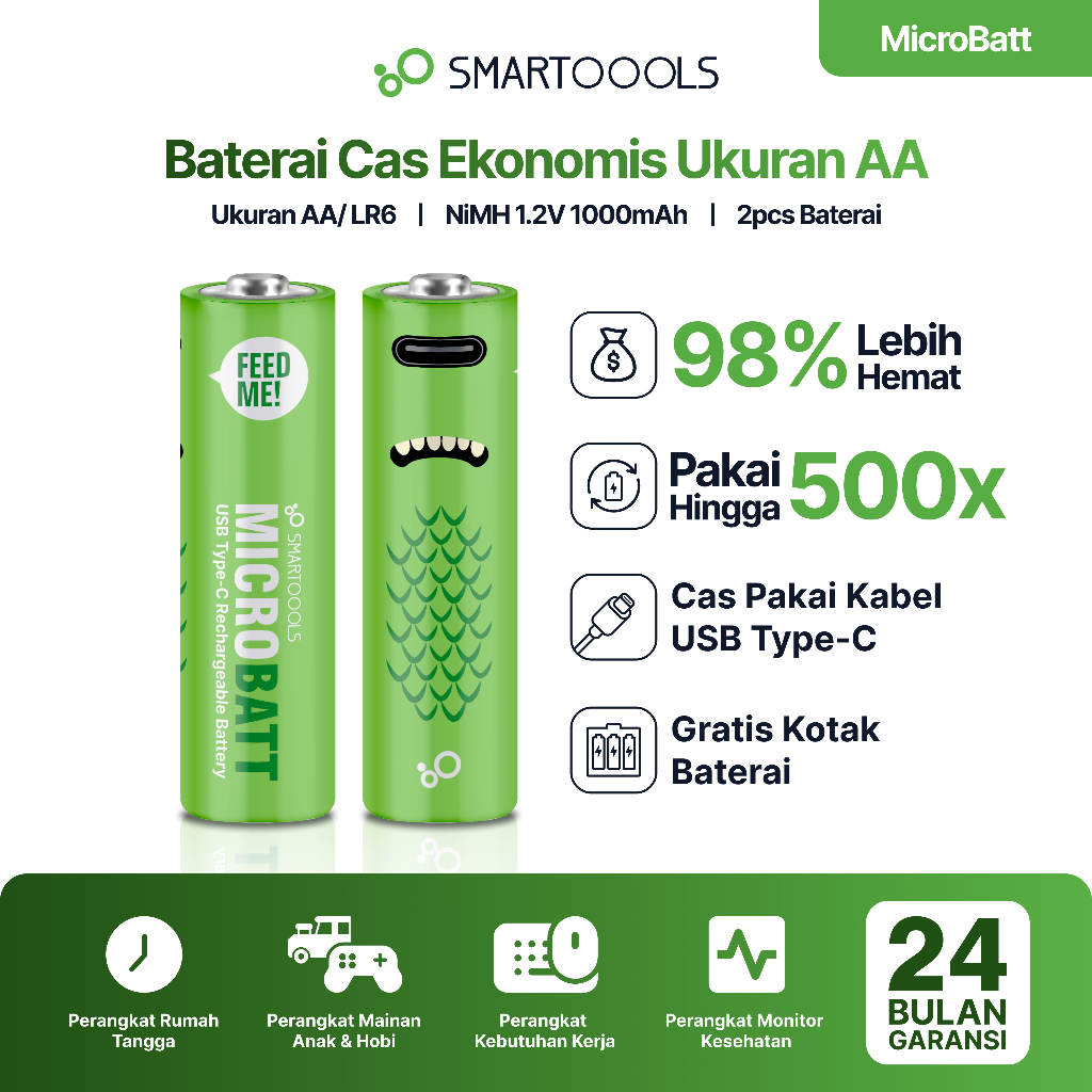 Jual Baterai Cas Isi Ulang 2pcs Smartoools MicroBatt AA 1.2V Micro USB ...