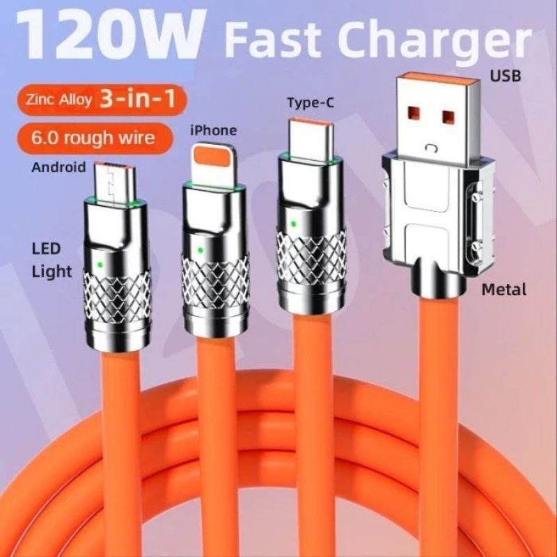 Jual Kabel Data 3in1 Fast Charging 6A / 120W (Micro, Type C, Lightning ...