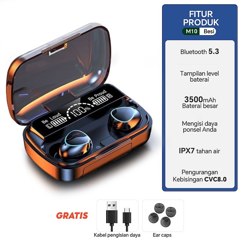 Jual M10 Headset Bluetooth Full Bass Stereo 3500mAh Power Bank Wireless Earphone Tahan Air TWS ...