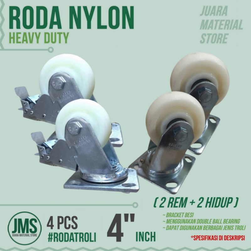Jual Roda Trolly 4 Inch Nylon Heavy Duty isi 4pcs (2 Rem + 2 Hidup ...