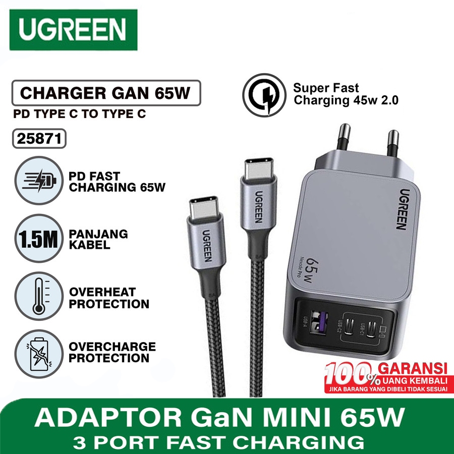 Jual Ugreen Charger 65W Nexode Gan Pro Adaptor USB C Super Fast ...