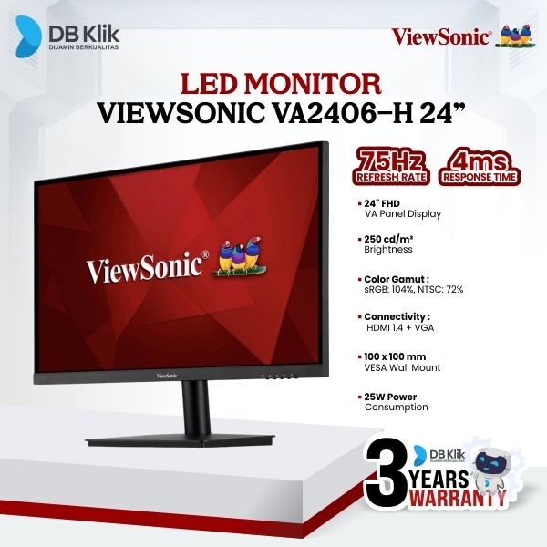 Jual Led Monitor Viewsonic VA2406-H 24" VA Fhd 75Hz 4ms Hdmi Vga | Shopee Indonesia