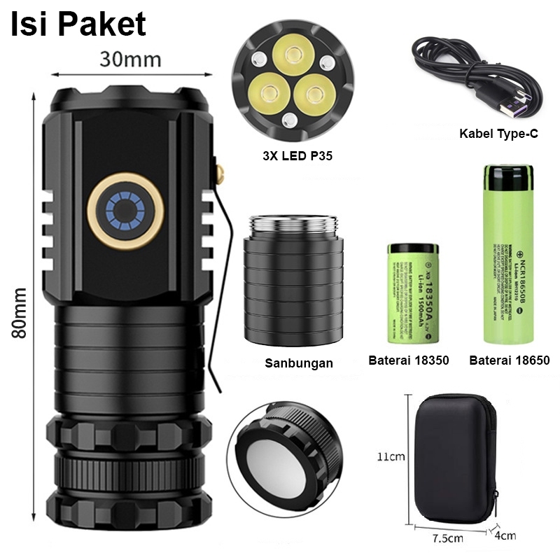 Jual NEW UPGRADE SENTER LED SUPER TERANG MINI 3xLED P35 PAKET FULL SET BATERAI 18350 +18650 ...