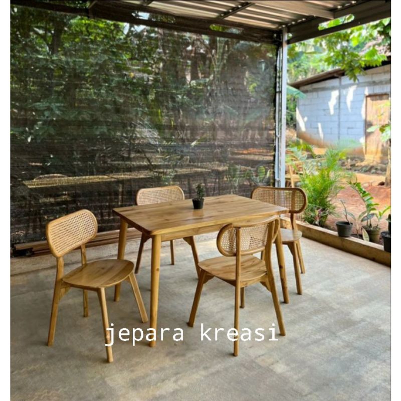 Jual meja makan 4 kursi kayu jati rotan minimalis, set meja makan 4 kursi rotan kayu jati ...