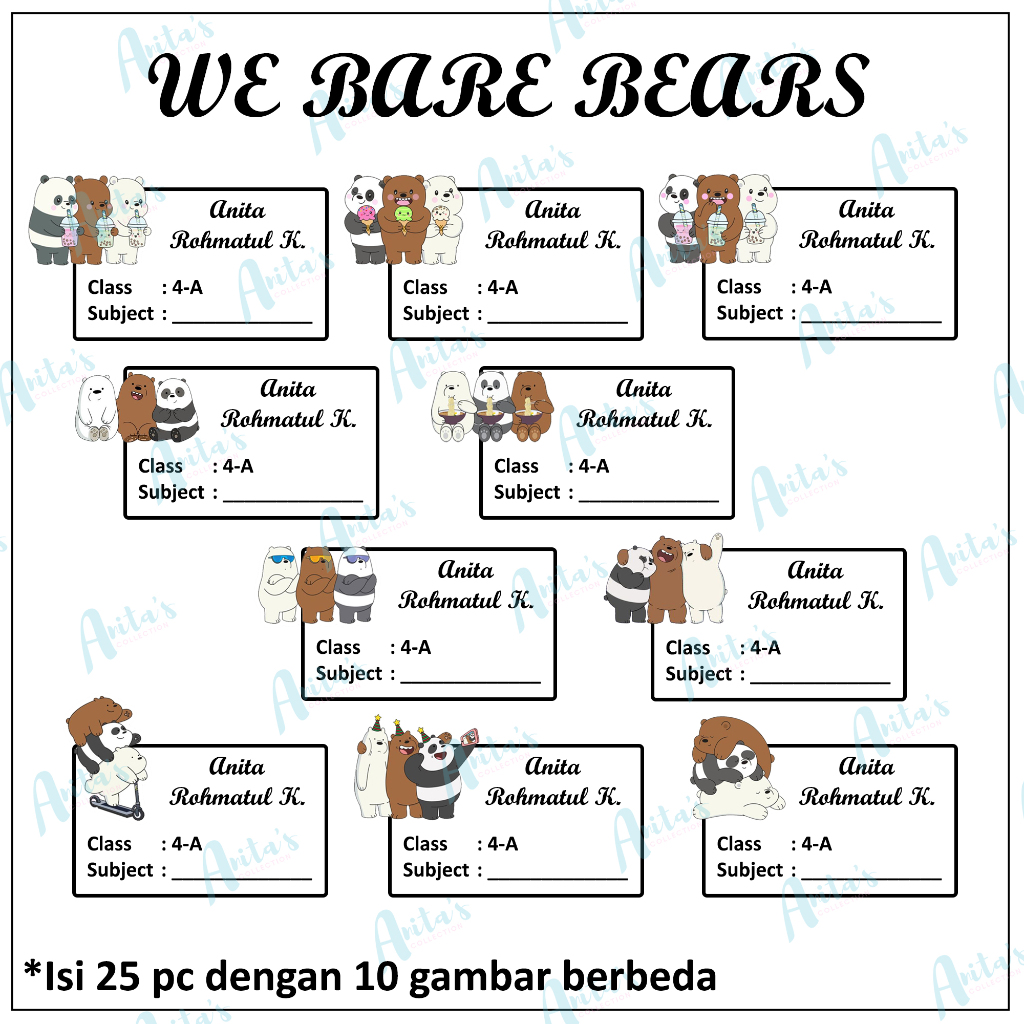 Jual 25 pc STIKER NAMA BUKU PELAJARAN ANAK SEKOLAH tema WE BARE BEARS ...