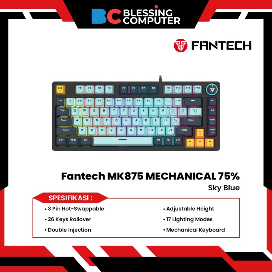 Jual Keyboard Gaming Fantech MK875 MECHANICAL 75% Sky Blue Switch Blue ...