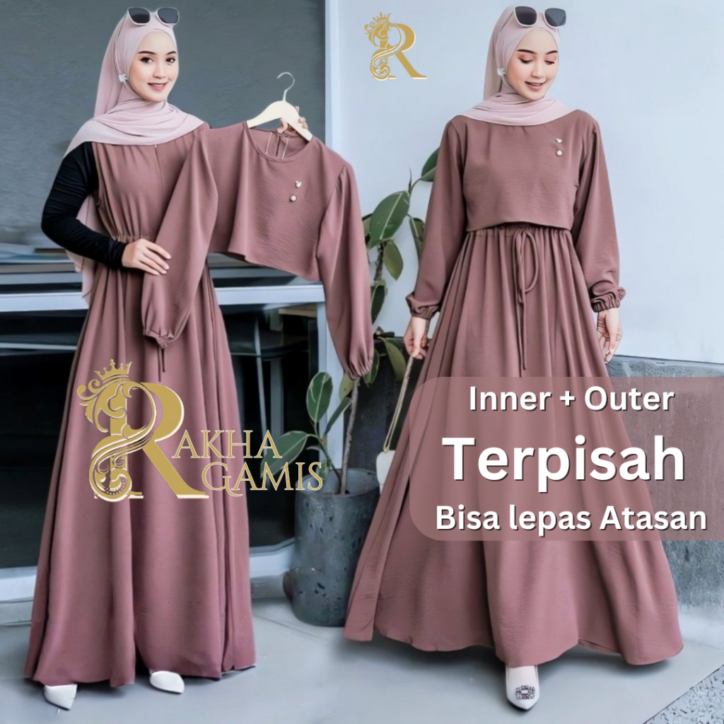 Jual NAFISA maxy set 2in1 inner + outer crop setelan gamis polos ...