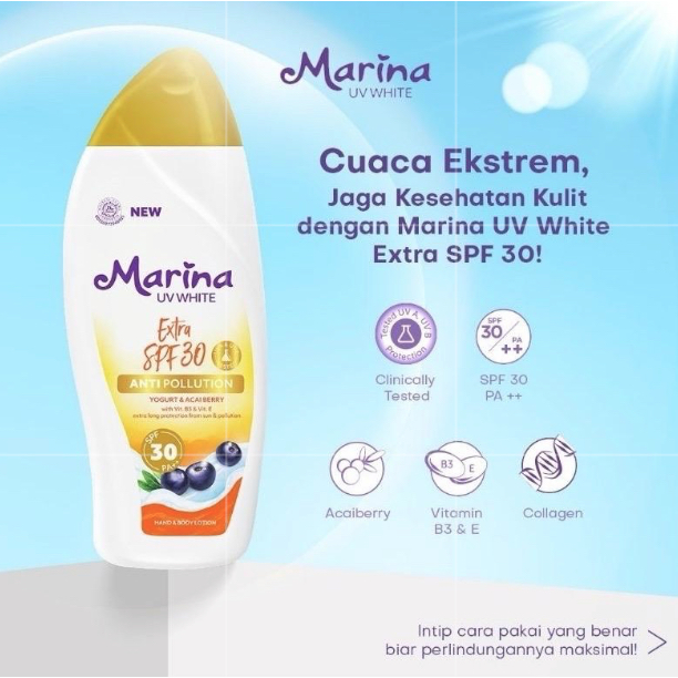 Jual Marina UV White Extra SPF 30 PA++ Body Lotion Anti Pollution | Yogurt & Acai Berry With ...