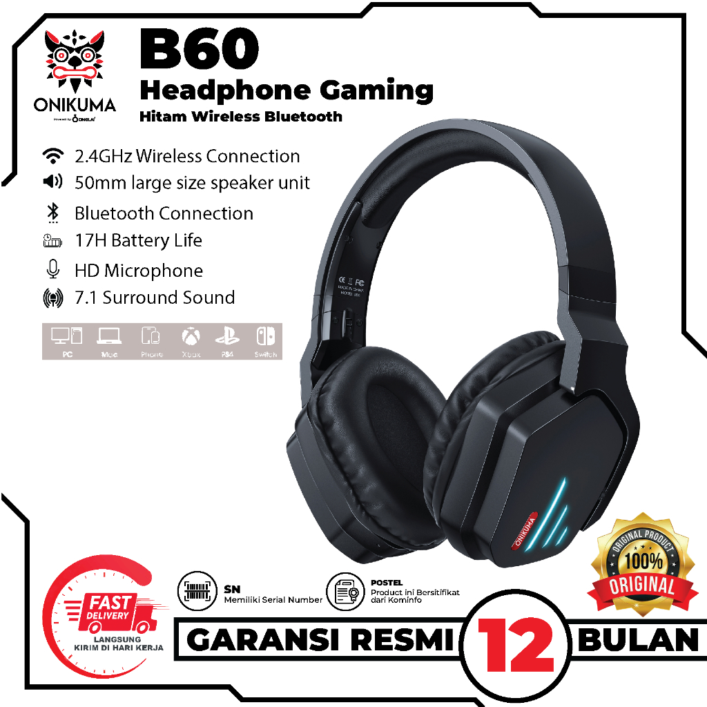 Jual ONIKUMA B60 Headphone Gaming Hitam Wireless Bluetooth Original ...