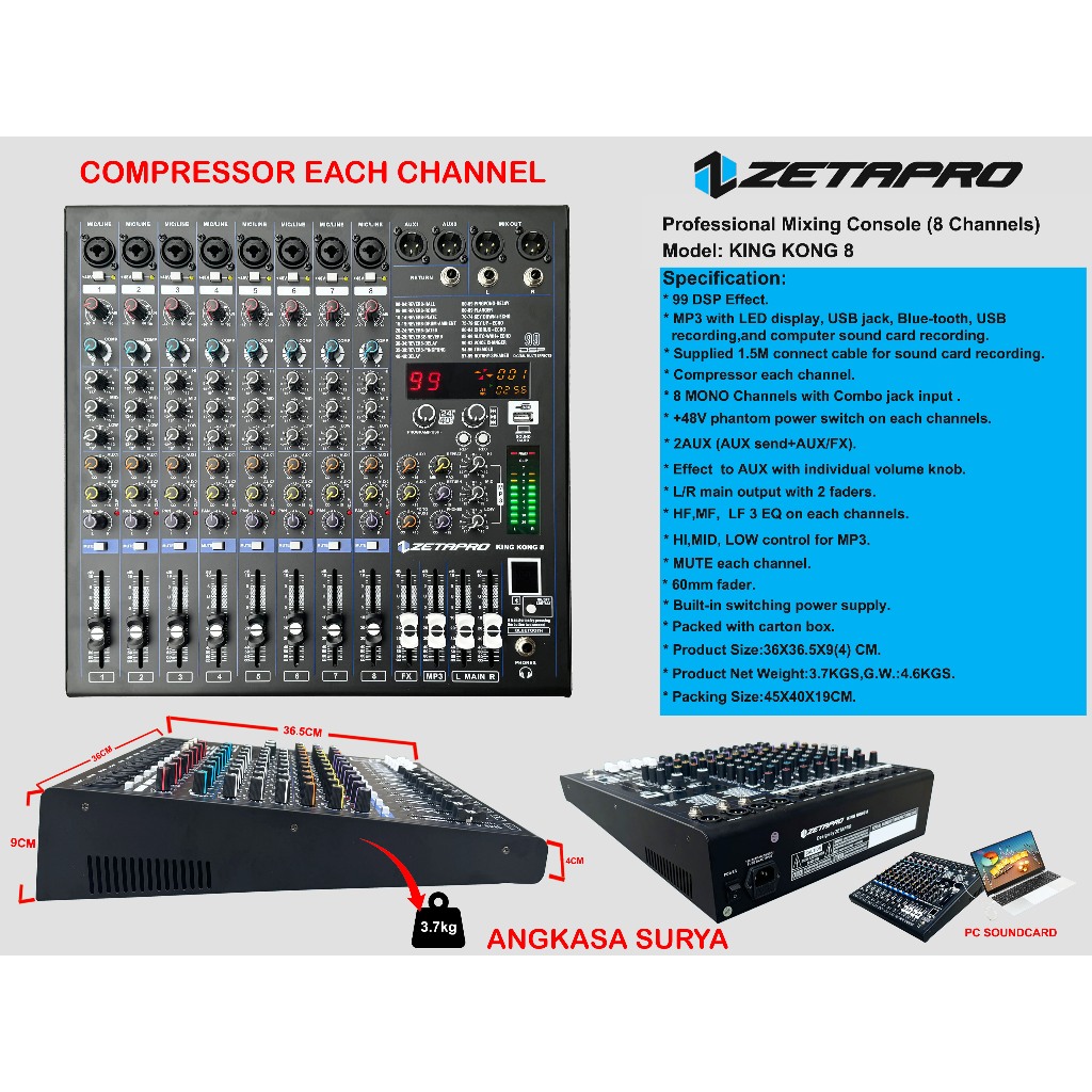 Jual Mixer Zetapro Kingkong 8 / Kingkong8 Original 8 Channel Compressor, Effect Reverb 99 Dsp ...